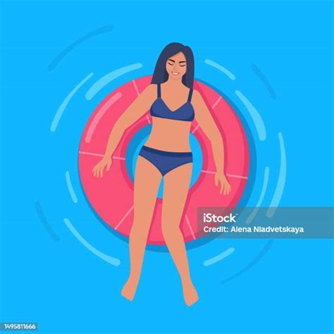 수영복을 입은 행복한 여자는 수영장이나 바다에서 고무 반지에 떠 있다 휴식 삶의 개념을 즐기고 있습니다 벡터 그림입니다 공공