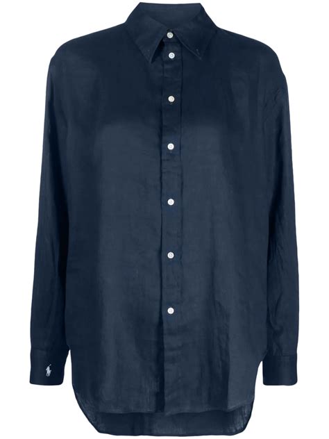 Polo Ralph Lauren Logo Embroidered Long Sleeve Linen Shirt Blue FARFETCH HK