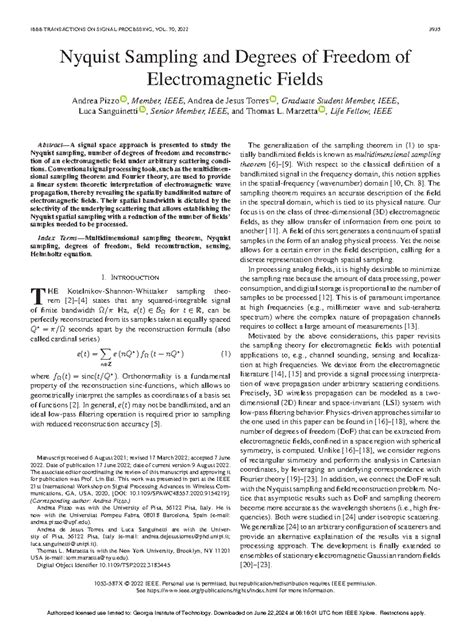 Nyquist Sampling And Degrees Of Freedom Of Electromagnetic Fields IEEE TRANSACTIONS ON SIGNAL