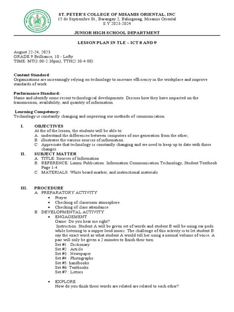 Tle Ict Lesson Plan Week 2 Pdf Primary Sources Educational Technology