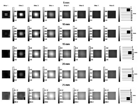 reconstructions using 6 × 6 array with a target at 5 different depths