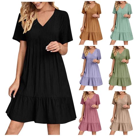 CFLVAEK Pleated Dress For Women Plus Size Short Sleeve V Neck Midi