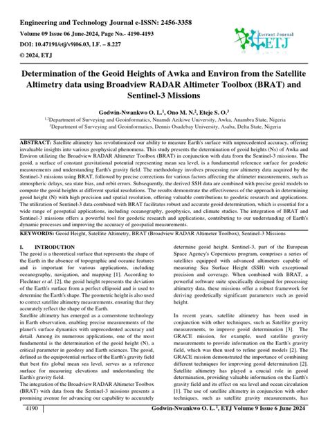 Determination Of The Geoid Heights Of Awka And Environ From The Satellite Altimetry Data Using