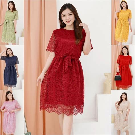 Jual ZXC Dress Melisa Brukat Corneli Tebal Belt Dres Pesta Kondangan Natal Gereja Imlek