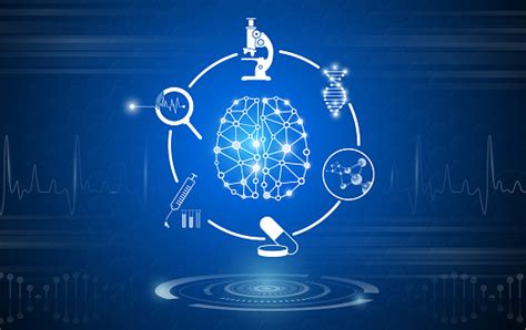 파란 빛 두뇌 및 인체 치유에 있는 추상적인 배경 기술 개념 시험 분석 클론 Dna 인간을 가진 미래 및 세계적인 국제 의학에