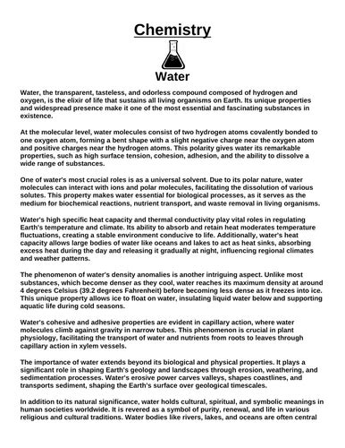 Chemistry Water Article And Questions” Assignment Teaching Resources