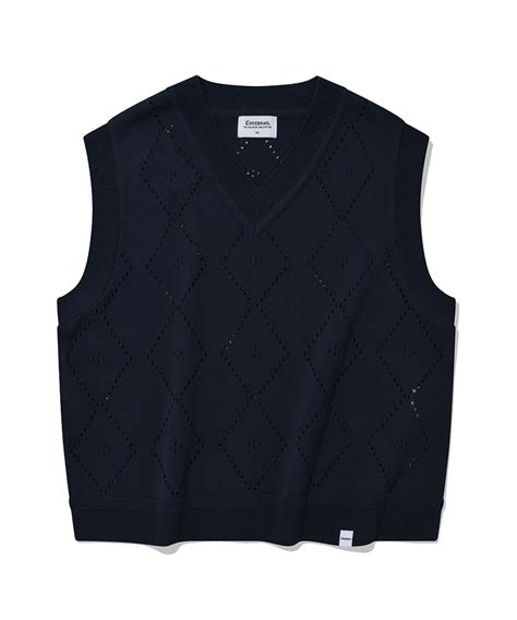 우먼 펀칭 아가일 니트 베스트 네이비