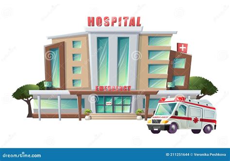Vector Dibujo Estilo Ilustración Del Edificio Del Hospital Y Ambulancia