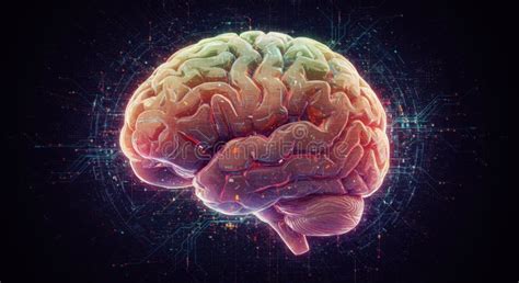 Colorful Digital Brain Rendering With Glowing Particles Stock