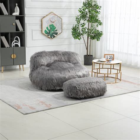 Faux Fur Bean Bag Chair With Ottoman Soft Fluffy Plush Lazy Sofa With