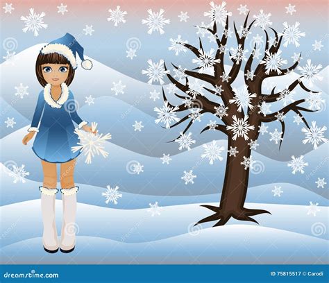 Poca Muchacha Del Invierno Y árbol De Las Estaciones Ilustración del