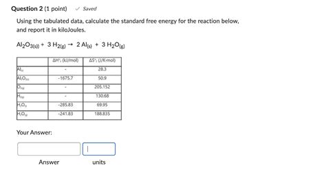 solved using the tabulated data calculate the standard free