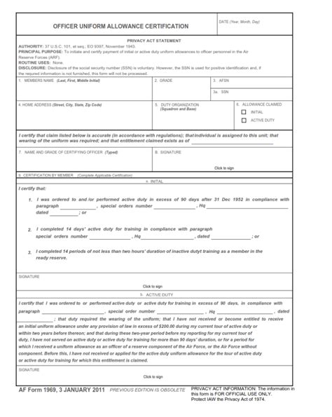 Af Form 1969 Officer Uniform Allowance Certification Finder Doc