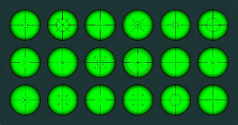 다양한 무기 야간 명소 저격 소총 광학 스코프 십자선이있는 사냥 총 뷰파인더 조준 촬영 마크 기호 군사 대상 표지판 실루엣 게임 Ui 요소입니다 벡터 일러스트 레이 션