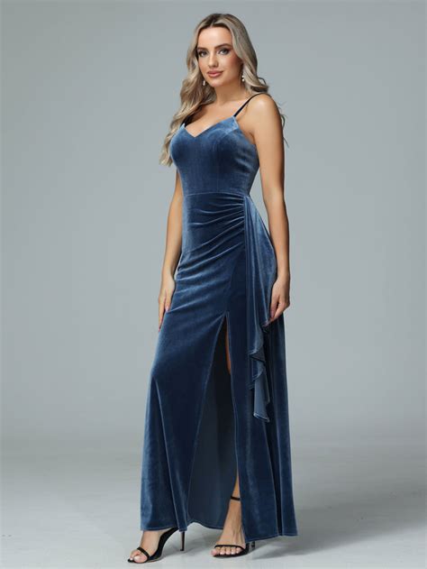 Spaghetti Straps V Neck Velvet Bridesmaid Dresses With Slit