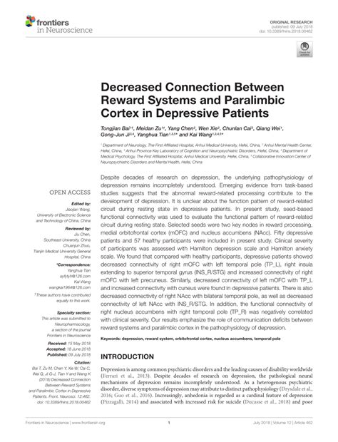 Pdf Decreased Connection Between Reward Systems And Paralimbic Cortex In Depressive Patients