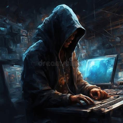 Female Computer Hacker Using Laptop Generative Ai Stock Illustration