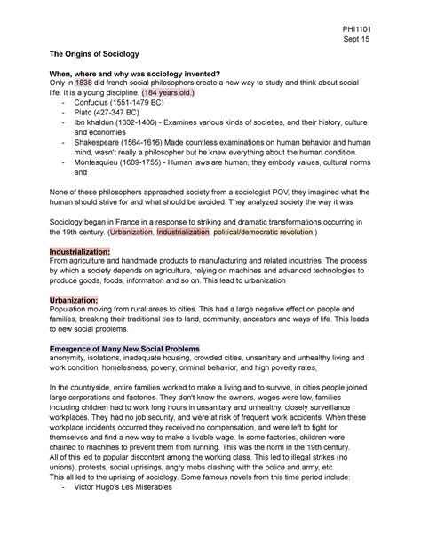 SOC1101 Sept 15 Lecture Notes PHI Sept 15 The Origins Of Sociology When Where And Why Was