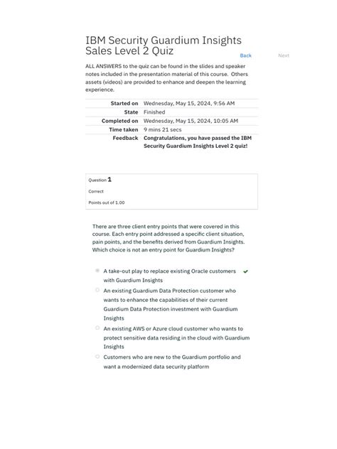 Ibm Security Guardium Insights Sales Level 2 Quiz Attempt Review