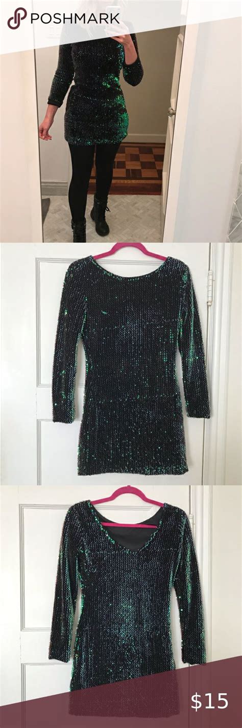 Green Iridescent Long Sleeve Sequin Mini Dress Long Sleeve Sequin