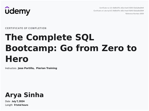 Completed The Complete Sql Bootcamp Arya Sinha Posted On The Topic