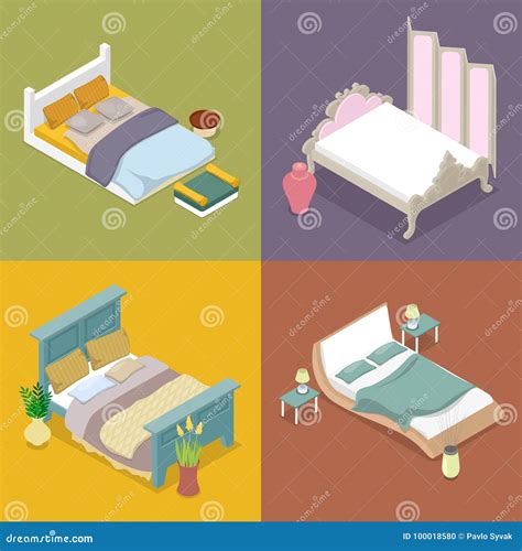 Isometric Double King Size Bed Set Bedroom Furniture Design Stock