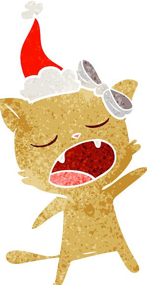 산타 모자를 쓰고 노래하는 고양이의 손으로 그린 복고풍 만화 고양이 울음소리에 대한 스톡 벡터 아트 및 기타 이미지 고양이