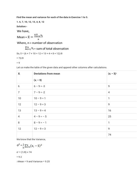 Find The Mean And Variance For Each Of The Data In Exercise 1 To 5