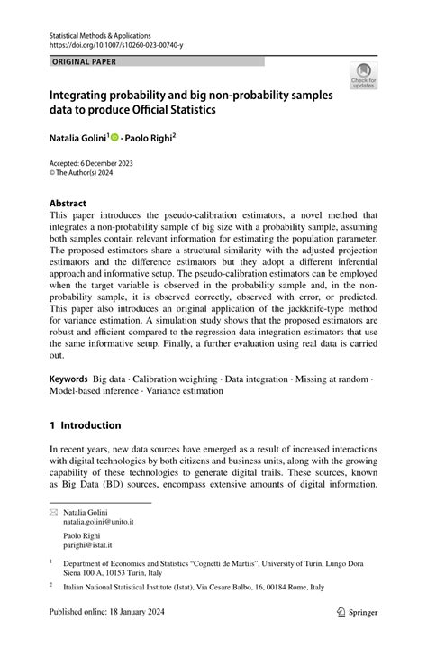 PDF Integrating Probability And Big Non Probability Samples Data To Produce Official Statistics
