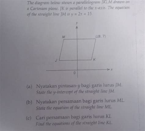 Solved The Diagram Below Shows A Parallelogram Jklm Drawn On A Cartesian Plane Jk Is Parallel