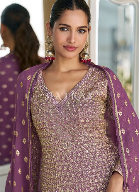 Buy Purple Ombré Embroidered Anarkali Palazzo Suit Hatkay
