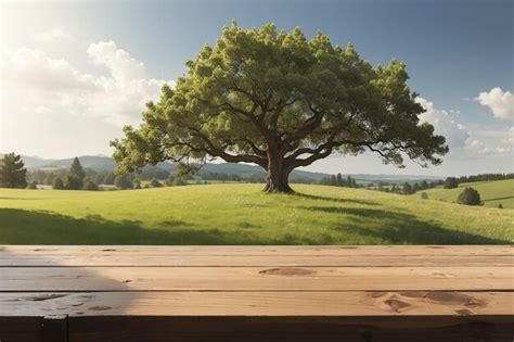 Premium Photo Wooden Table With Tree Landscape In Background