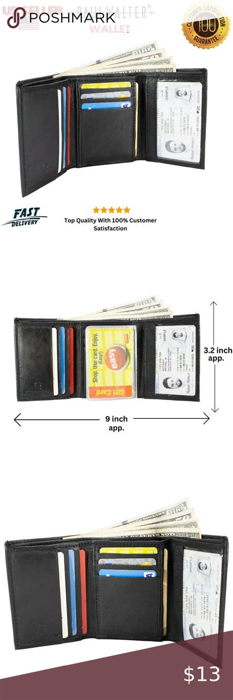 Mens Black Lambskin Leather Trifold Wallet Id Window Credit Card Case