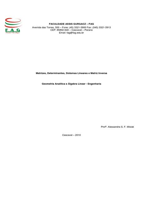 Matrizes Determinantes Sistemas Lineares E Inversa Pdf Pdf Equações