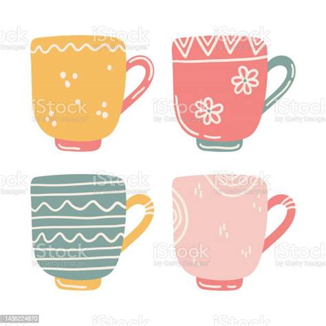흰색 배경에 고립 된 손으로 그린 귀여운 컬러 컵 세트 낙서 간단한 평면 그림 그것은 직물 종이 및 다른 표면의 장식에 사용할