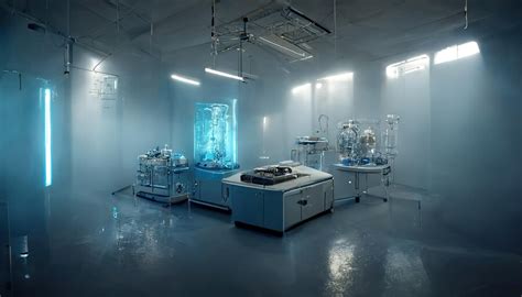 네온 불빛이 있는 과학 실험실의 래스터 그림 Nanotechnologies 생물 실험실 화학 생물학 미래 기술 로봇 치핑 과학
