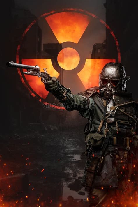 Post Apocalyptic Soldier Stands Against A Backdrop Of A Nuclear Safety