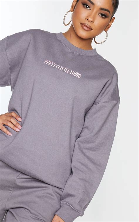 Plt Charcoal Grey Embroidered Graphic Sweatshirt Prettylittlething Usa