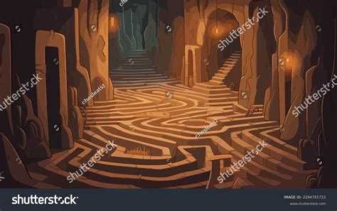 Eerie Underground Labyrinth Filled Twisting Tunnels Stock Vector