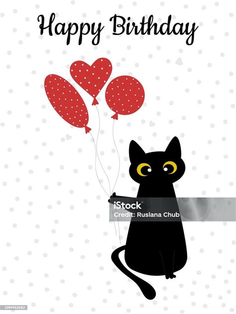 검은 고양이와 물방울 무늬가있는 빨간 풍선 생일을 위한 축제 카드 컵 직물 의류 글라이더에 세련된 인쇄를위한 패턴 벡터 그림입니다 생일에 대한 스톡 벡터 아트 및 기타