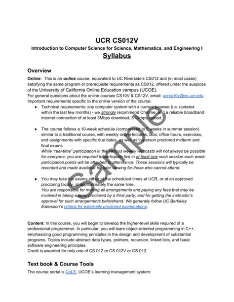 UCR CS012V Syllabus Intro To Computer Science