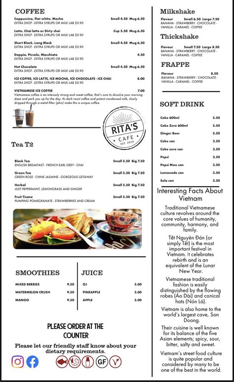 Menu At Ritas Blue Cafe Biloela