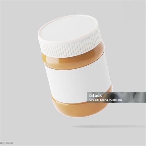 3d 그림 흰색 라벨이있는 두 개의 땅콩 버터 항아리와 그림자가있는 회색 배경에 나사 캡을 모형합니다 3d 렌더링 0명에 대한