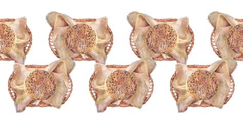 흰색 배경에 수건에 바삭 바삭한 수제 빵의 수채화 덩어리와 완벽 한 테두리 건강한 아침 식사를 위한 통곡물 롤빵 요리책 부엌을 위한 음식이 있는 손으로 그린 테두리 벽지