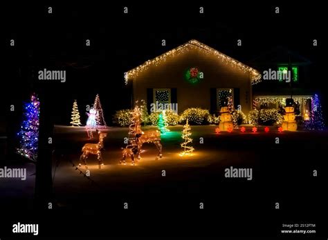 Christmas Lights In Canadian Lakes During Falling Snow Mecosta County
