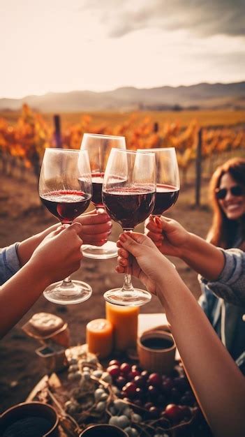 Premium Ai Image Hands Toasting Red Wine Glass And Friends Having Fun