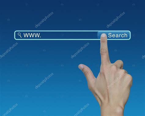 Hand Pressing Search Button Over Blue Background Searching Inte