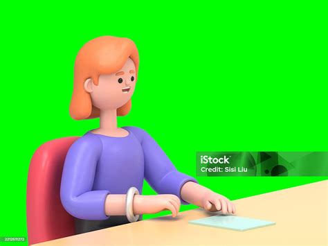 유럽의 여성 사업가 엘렌이 책상 뒤에 앉아 그린 스크린에서 푸티지와 클리핑 경로를 위한 Interview3d 렌더링을 수행하는