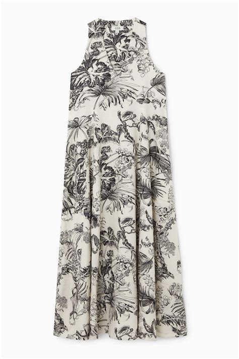 Cos Pleated Linen Maxi Dress In White Floral Endource