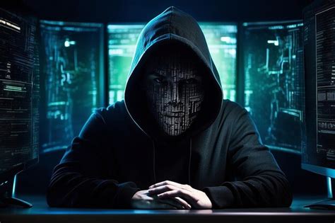 Mysterious Hacker In Dark Hoodie Working On System Breaches In A Dimly Lit Room Premium Ai